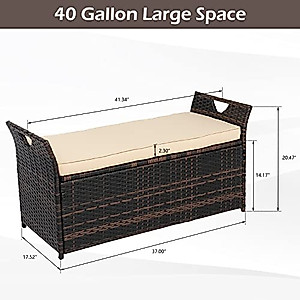 VINGLI 40 Gallon Outdoor Storage Bench with Cushion, Rattan Storage Box, Patio Wicker Deck Box with Seat for Garden | Balcony | Porch | Pool | Yard (Brown Frame + Beige Cushion)