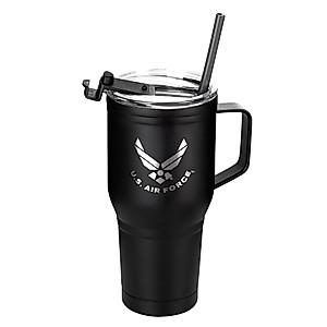 Military Veteran Products 30 Oz USAF Black Double Wall Vacuum Insulated Stainless Steel Air Force Tumbler with Handle | Travel Mug with Leakproof Lid