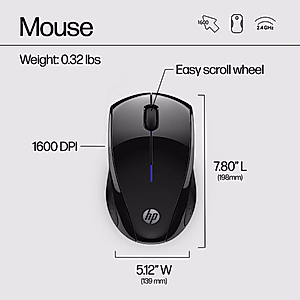 HP Wireless Mouse - Black, 15-Month Battery, 1600 DPI Sensor, Side Grips - For PC/Laptop, Mac, Chromebook