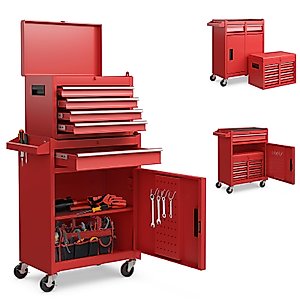 Goplus Rolling Tool Chest, 5-Drawer Tool Box Organizer w/Lockable Wheels & Sliding Drawers & Detachable Top & Adjustable Shelf, Tool Storage Cabinet for Garage Workshop (Red)