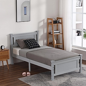 AOCOROE Twin Bed Frame for Boys and Girls, Twin Size Wooden Platform Bed with Vertical Stripe Headboard, Foot Board, Slats Included, No Box Spring Needed, Grey