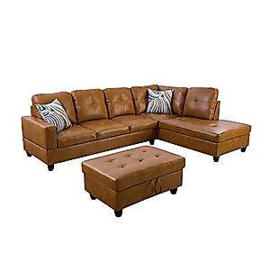 AYCP Golden Coast Furniture Sectional Sofa Set, L Shape Couch, Living Room Sofa Set, Leather Sectional Sofa with Storage Ottoman 103.5inch x 74.5inch x 35inch