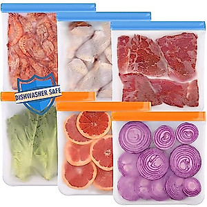 Lerine 6 Pack Reusable Gallon Freezer Bags Dishwasher Safe, BPA Free Reusable freezer bags 1 Gallon, Extra Thick Leakproof Reusable Silicone Storage Bags for Marinate Meats, Cereal, Veggies,Fruits