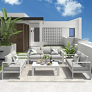 Solaste Aluminum Patio Furniture Set,4 Piece Metal Outdoor Furniture with 5 Inch Water-Resistant Cushions and Coffee Table for Balcony,Front Porch,and Backyard,White