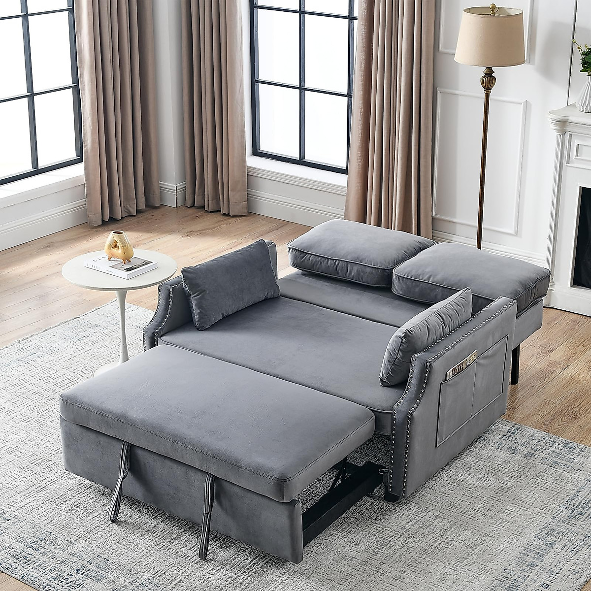 PATAVOT 3 in 1 Sleeper Sofa Couch, Velvet Upholstered Sleeper Sofa Bed with Side Storage Pockets, 2-Seater Pull Out Couch with 2 Pillows and Removeable Backrest for Living Room, Apartment, Grey.