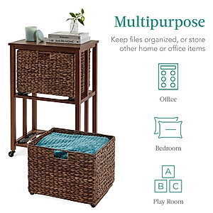 Best Choice Products Vertical Rolling File Cabinet, Multipurpose Portable Water Hyacinth Basket Organizer for Home Office, Workspace w/Rubberwood Frame, Metal Sliders, Locking Caster Wheels - Mocha