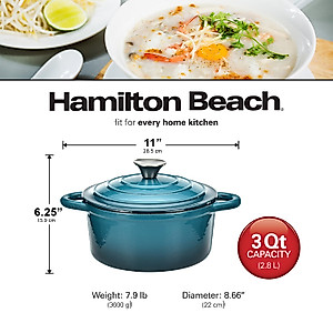 Hamilton Beach Enameled Cast Iron Dutch Oven Navy (3-Quart) | Cream Enamel Coating Dutch Oven Pot with Lid | Cast Iron Dutch Oven with Even Heat Distribution | Easy Grip to Handles & Multipurpose