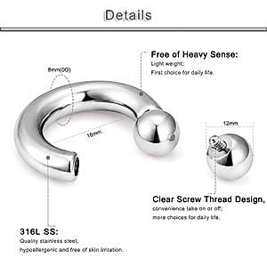 Yaalozei 0G Spetum Rings Ear Gauges Earrings Plug Tunnel Streching Piercing Kit Surgical Stainless Steel Horseshoe Barbell Prince Albert Nose PA Cartilage Earring Ring Piercing Jewelry Women Men 16mm