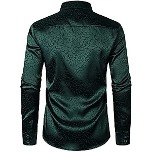 ZEROYAA Men's Hipster Satin Silk Like Full Rose Floral Jacquard Button Up Dress Shirts for Party Prom ZLCL38-Blackish Green Large