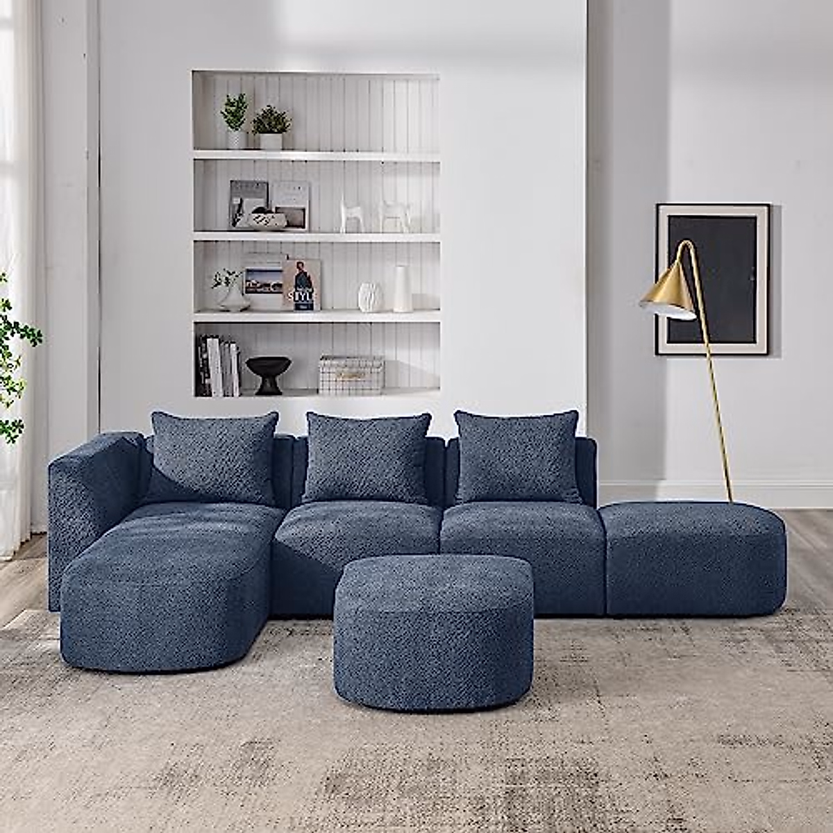 EMKK Modular Sectional Sofa L Shaped Couch with Left Side Chaise and Ottoman, DIY Combination, Loop Yarn Fabric,Living Room Furniture Sets Sofá w/ 3 Pillows