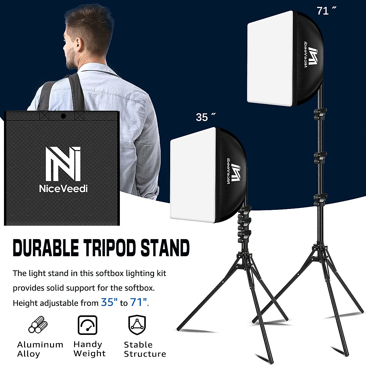 Softbox Lighting Kit, NiceVeedi 16'' x 16'' Softbox Photography Lighting Kit with 63” Tripod Stand & 5400K 450W Equivalent LED Bulb, Continuous Lighting for Photography/Video Record/Live Streaming