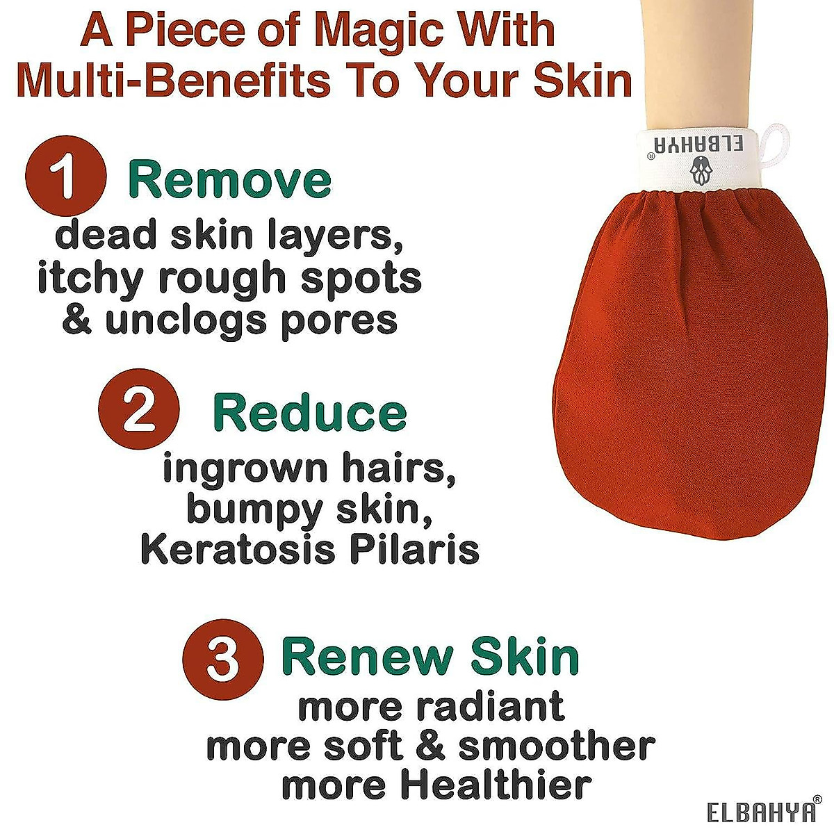 Elbahya Exfoliating Mitt Body Kessa Hammam - Body Tool Remover of Dead & Dry Skin or Keratosis Pilaris, Made of 100% Viscose Fiber (Red Pack of 1)