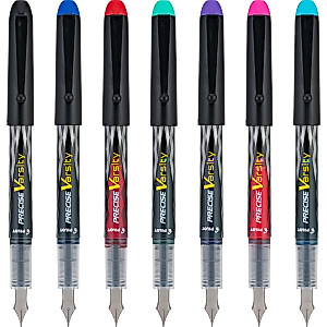 PILOT Pen 90029 Precise Varsity Pre-Filled Fountain Pens, Medium Point Stainless Steel Nib, Black/Blue/Red/Pink/Green/Purple/Turquoise, 7-Pack Pouch