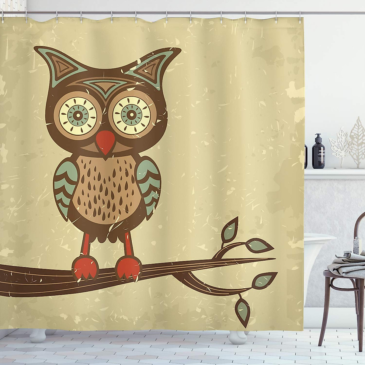 Ambesonne Owl Shower Curtain, Owl Sitting on Branch Eyesight Animal Humor Pastel Retro Modern Graphic, Cloth Fabric Bathroom Decor Set with Hooks, 69" W x 84" L, Brown Cream Teal