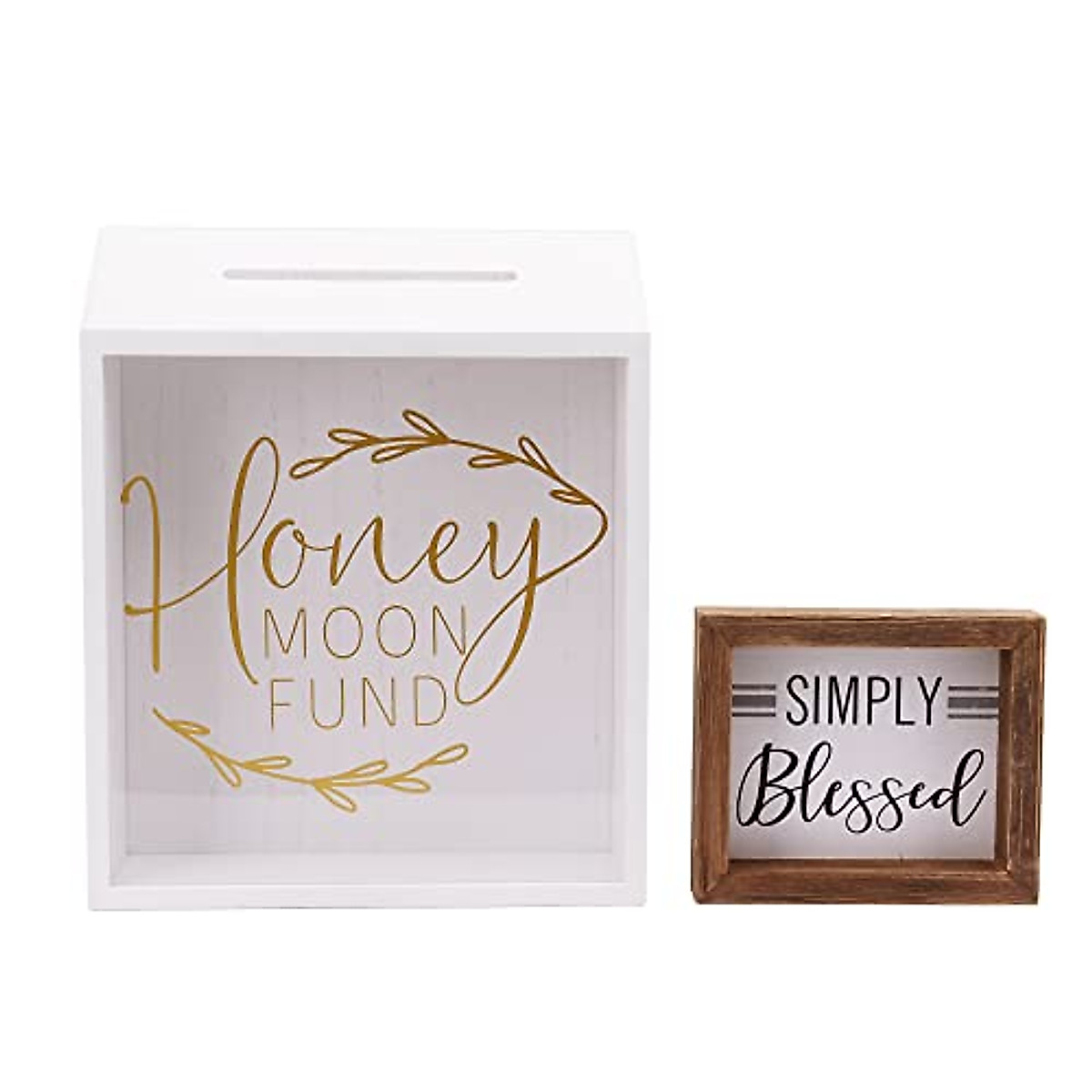 Defined Deco Honey Moon Fund Box Gift Card Box Wood Wedding Card Box Picture Box Shadow Box for Wedding Decor Wedding Decorations for Reception with Wood Sign SET OF 2 (11.5 x 9.25x 3.25IN)