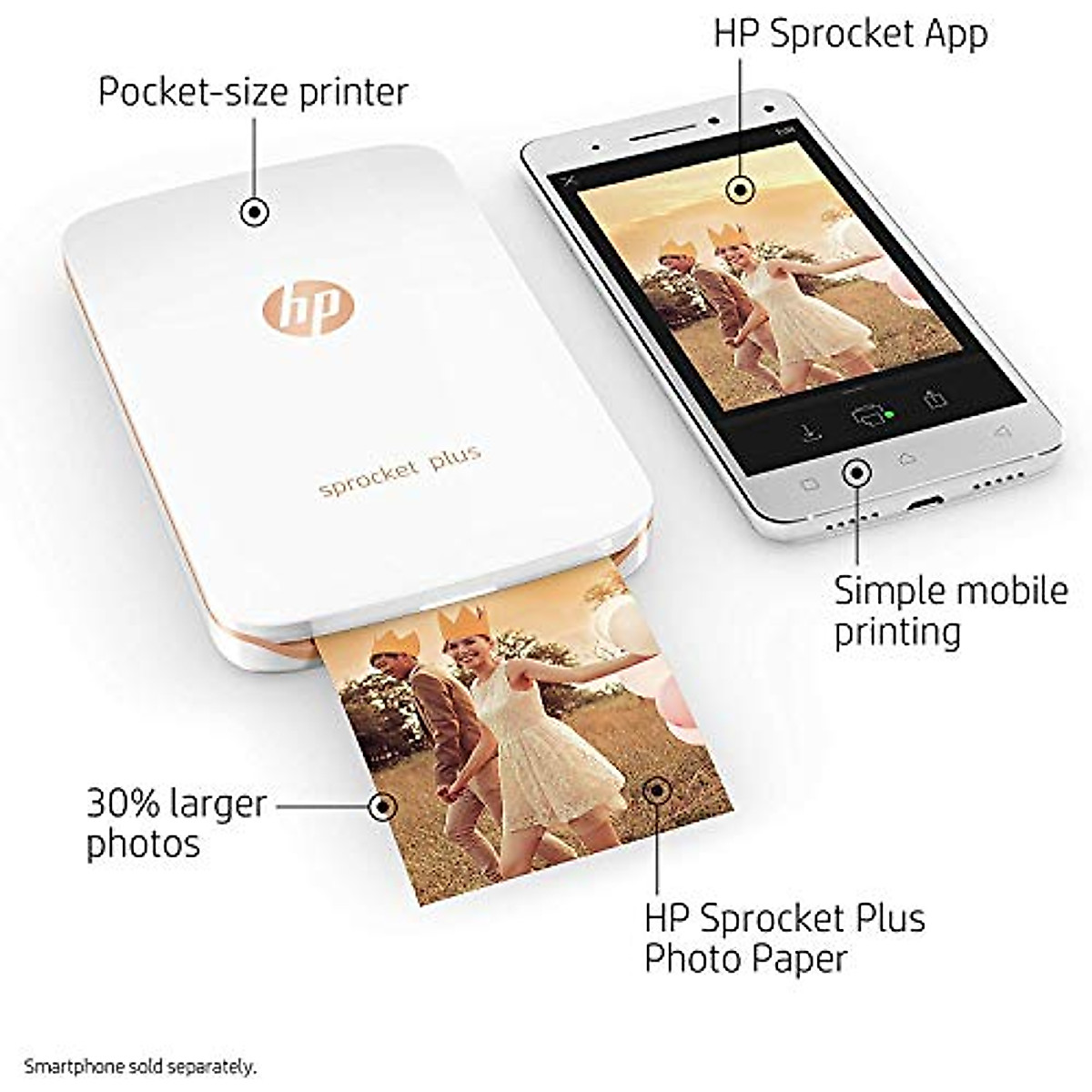 HP Sprocket Plus Instant Color Photo Printer, Print 30% Larger Photos on 2.3x3.4 Sticky-Backed Paper – White (2FR85A)