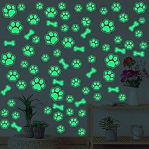 127 Pcs Dog Paw Print Stickers Glow in The Dark Wall Decals Dog Paw Print Wall Decor Dog Wall Stickers Decals Luminous Removable Vinyl Dog Paw Bone Wall Decals for Kids Nursery Bedroom (Green Light)