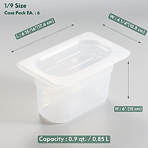 CURTA 6 Pack Translucent Food Pan with Lid, 1/9 Size 4" Deep NSF Listed Commercial-Grade Polypropylene Plastic