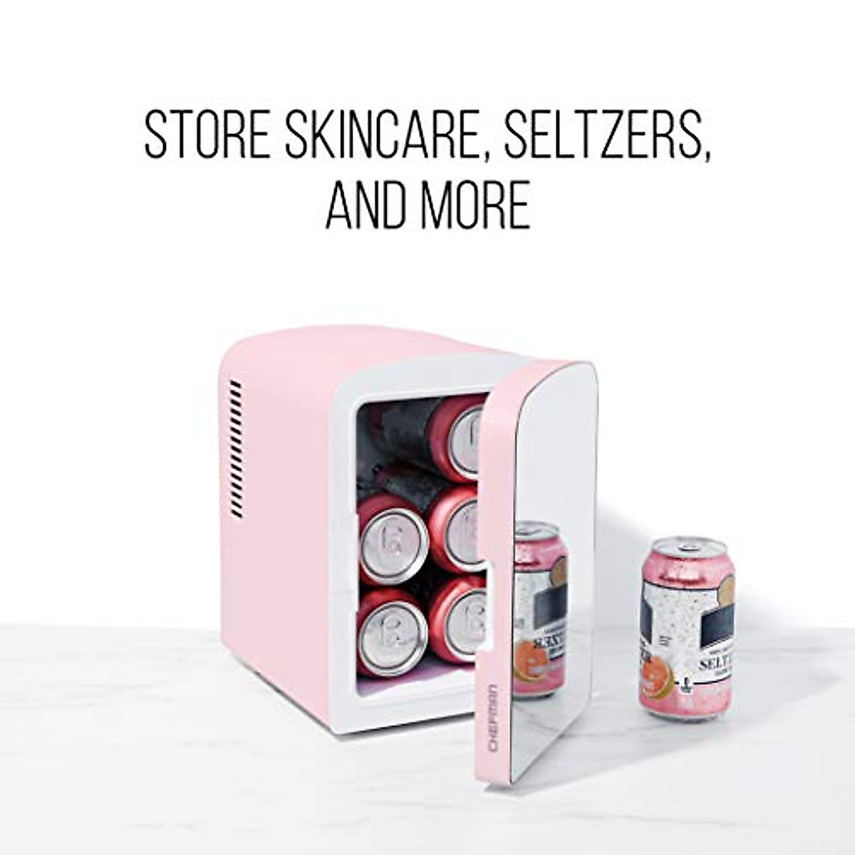 Chefman Portable Mirrored Personal Fridge 4 Liter Mini Refrigerator, Skin Care, Makeup Storage, Beauty, Serums And Face Masks, Small For Desktop Or Travel, Cool & Heat, Cosmetic Application, Pink