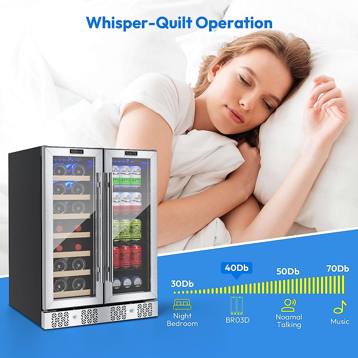 Empava Wine and Beverage Refrigerator Cooler Dual Zone 24 inch, Built-in Counter or Freestanding Fridge with Glass Door and LED Light, 96 Cans and 33 Bottles Capacity, Silver