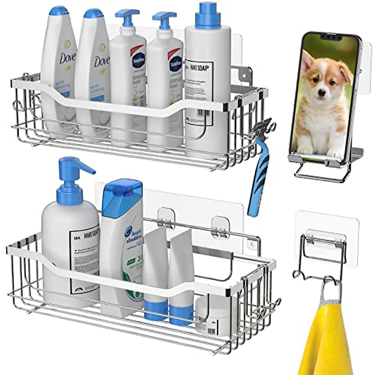 Temste Shower Caddy, Rustproof Shower Organizer with Phone Holder, Stainless Steel Shower Shelf for Inside Shower with Adhesive Hooks, Bathroom Organizer Shower Storage - 2 Pack