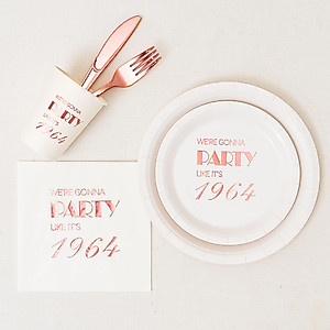 Crisky Rose Gold Tableware Set for Women 60th Birthday Party Decorations Supplies, Party 1964 Set of 24 (9" & 7" Plates, Luncheon Napkin, 9oz Cups, 106"×54" Tablecloth, Knife & Fork)