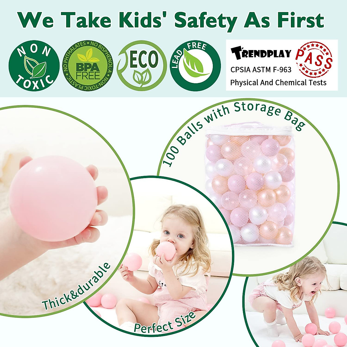 TRENDPLAY Pit Ball for Baby Toddlers Pet Fun Toys for Ball Pit Pool Playpen, Indoor Outdoor Play with Storage Bag, Pack of 100, Pink+Gold+White+Transparent