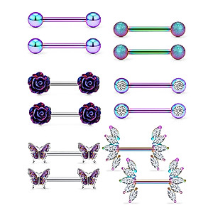 Vsnnsns 14G Nipple Rings for Women Stainless Steel Butterfly Nipple Rings Flower Nipple Piercing Jewelry CZ Nipple Rings Surgical Steel Nipple Jewelry Barbell Body Piercing Jewelry Rainbow
