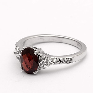 925 Sterling Silver Oval Cut Garnet Gemstone Side stone Dainty Solitaire Ring (6)