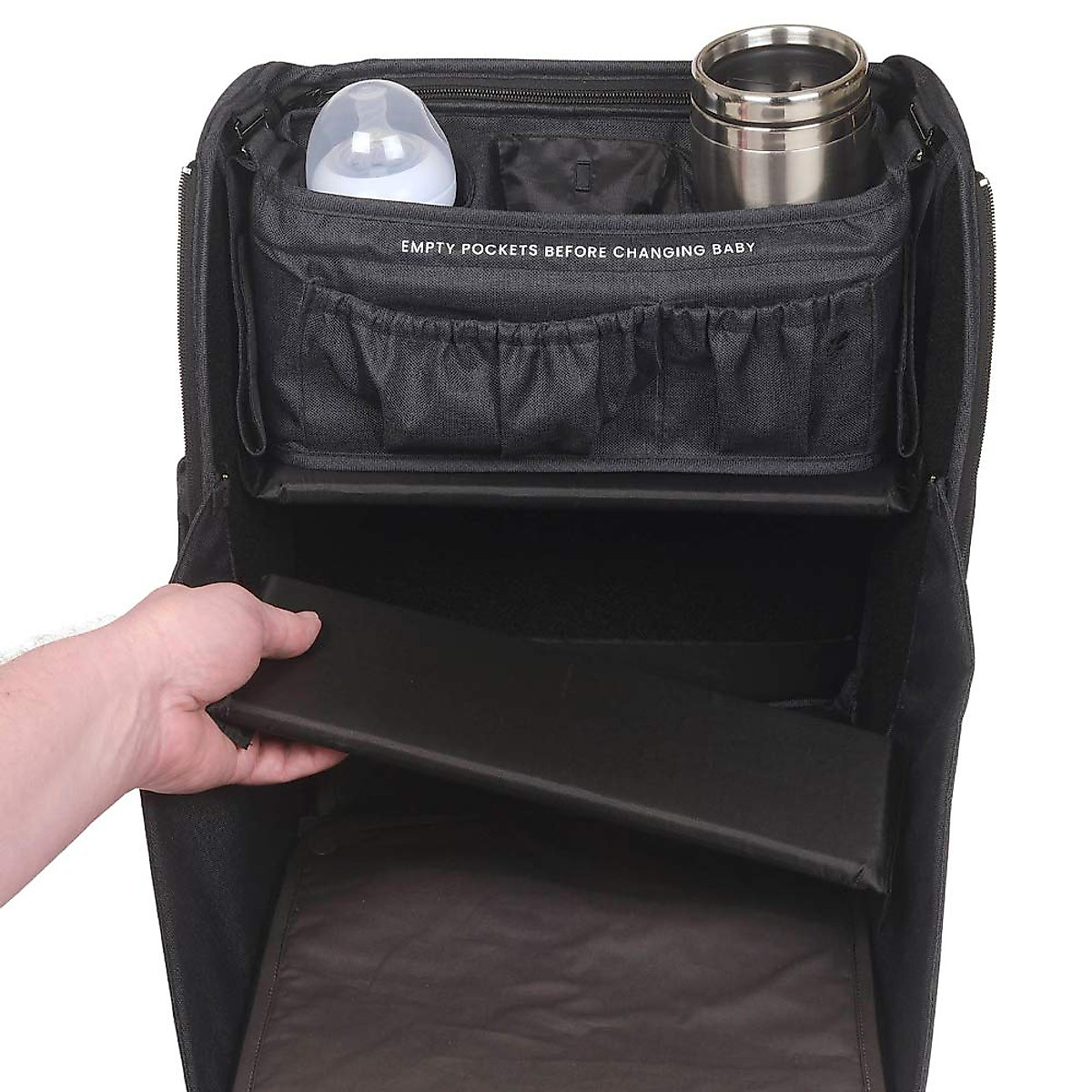 Lulyboo Diaper Bag Convertible Backpack, Full Open Cabinet and Padded Changing Station, Removable Caddy with Two Drink Holders and Angled Cell Phone Storage for Easy Viewing, Black