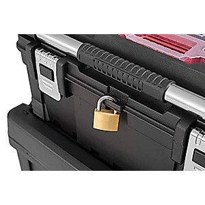 Keter Mobile Hawk Cart and Stackable Tool Box System and Organizer with Telescopic Comfort Grip Handle - Perfect Organization and Storage Chest for Power Drill, Tape Measure, and Small Parts