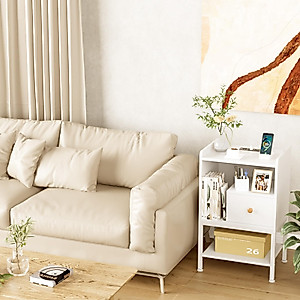 Gannyfer Nightstand with Charging Station,Night Stand with USB Ports and Storage Drawer,Modern 3-Tier End Side Table,Small Wood Bedside Table for Bedroom,Living Room,White