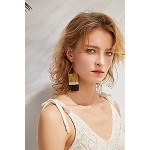 Handmade Beaded Tassel Earrings - Statement Seed Bead Earrings, Boho Beaded Fringe Drop Earrings for Women (TRIANGLE GOLD BLACK)