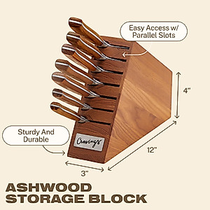 Cravings Essential 8-Piece Kitchen Knife Set with Slim Ashwood Storage Block, Full-Tang Design, Wooden Knife Block with Santoku, Carving, Bread, Utility, Chef’s, Cleaver, and Paring Knives