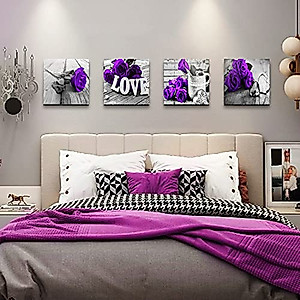 Purple Pictures Wall Decor Flowers Canvas Wall Art for Couples Bedroom Romantic Rose Bathroom Painting Black and White Grey Love Themed Floral Poster Living Room Modern Home Decorations 12x12" 4 Pcs