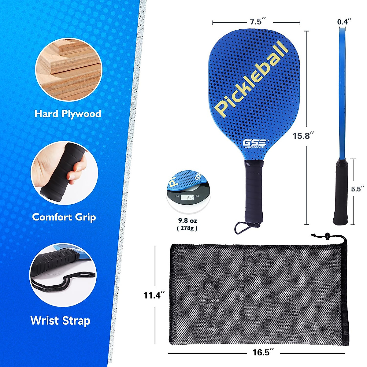 GSE Pickleball Paddles Set with Lightweight Pickleball Rackets & Indoor/Outdoor Pickle-Balls & Mesh Carrying Bag for Adults, Kids, Gifts for Men Women(2 Paddles / 4 Balls)