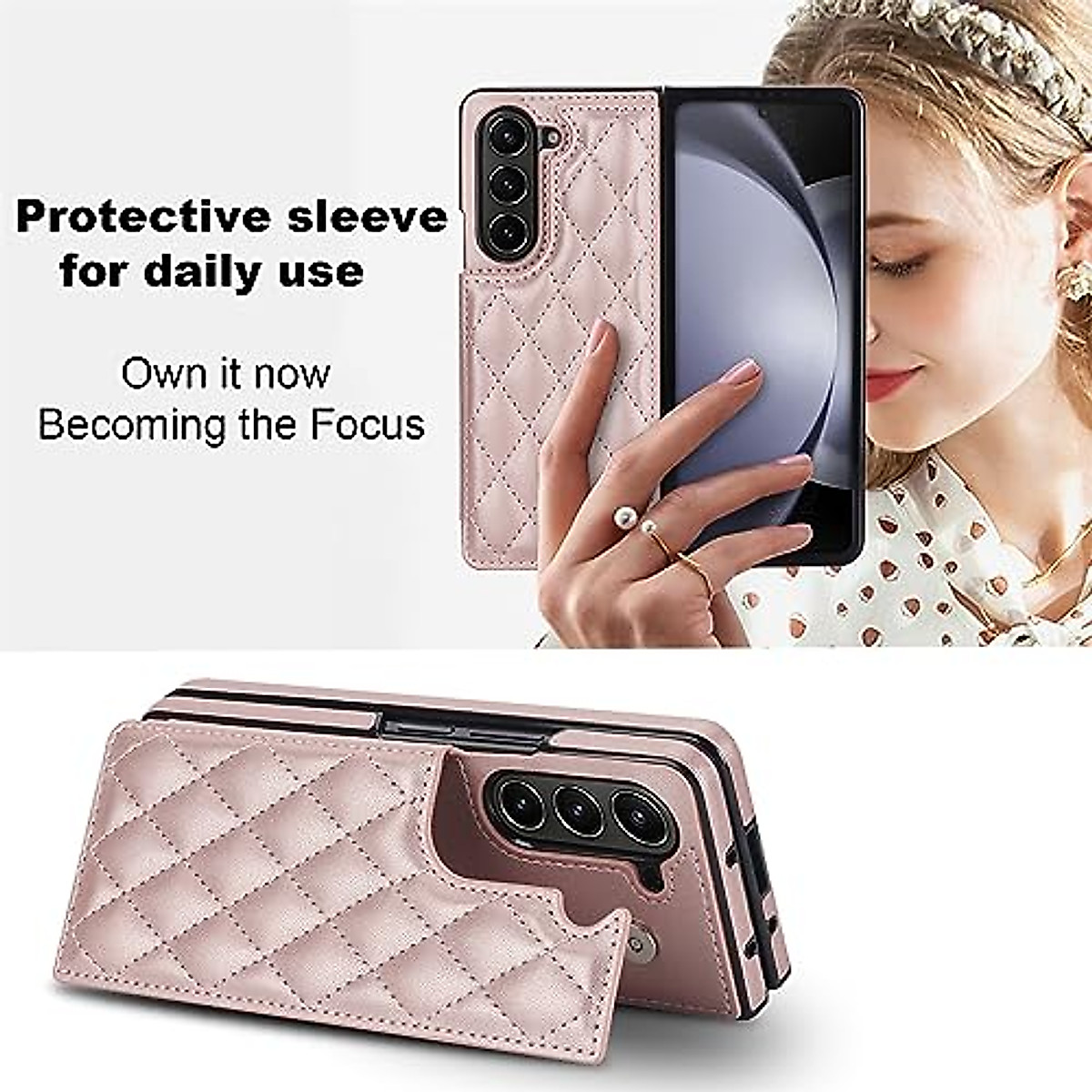 Ephoou Flip Wallet Case Compatible with Samsung Galaxy Z Fold 5 for Women, Luxury PU Leather Shockproof Cover Case with Card Holder (Kickstand Function) for Samsung Galaxy Z Fold5 SKG-Rose Gold