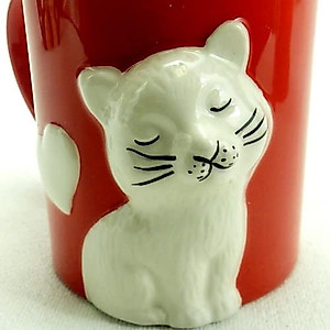 TDL Kissing Cat Mugs, Cute Matching Coffee Mugs, 3-Finger Loop Handles for Easy Handling, Ceramic Cups, Dishwasher Safe - Set of 2, Red, 3 1/4'' diameter (5 1/2'' edge to handle) x 3 1/2''H