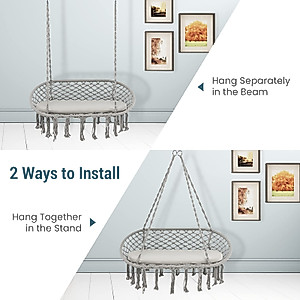 Giantex 2-Seat Hammock Chair, Macrame Swing with Cushion, Hanging Cotton Ropes, Metal Frame, Hanging Chair with330 lbs Capacity for Hammock Stand, Living Room, Patio, Balcony, Backyard (Gray)