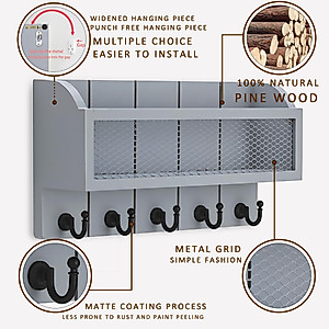 Ikviier Key Holder for Wall Decorative Made of Pine, Key Rack for Wall Grey, Key Hook for Wall with 5 Metal Hooks, Farmhouse Mail and Key Holder for Wall (Grey)