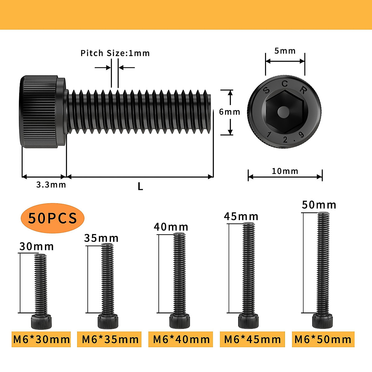 Cicidorai M6 x 30mm 35mm 40mm 45mm 50mm Hex Socket Head Cap Screws Bolts, 12.9 Grade Alloy Steel, Black Oxide Finish, Fully Threaded, Metric Allen Hex Drive, Assortment Kit 50Pcs