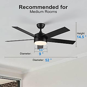 POCHFAN 52 inch Black Ceiling Fans with Lights and Remote Control, Quiet Modern Ceiling Fan for Bedroom, Living Room, Dining Room, Dimmable 3-Color Temperatures 6-Speed