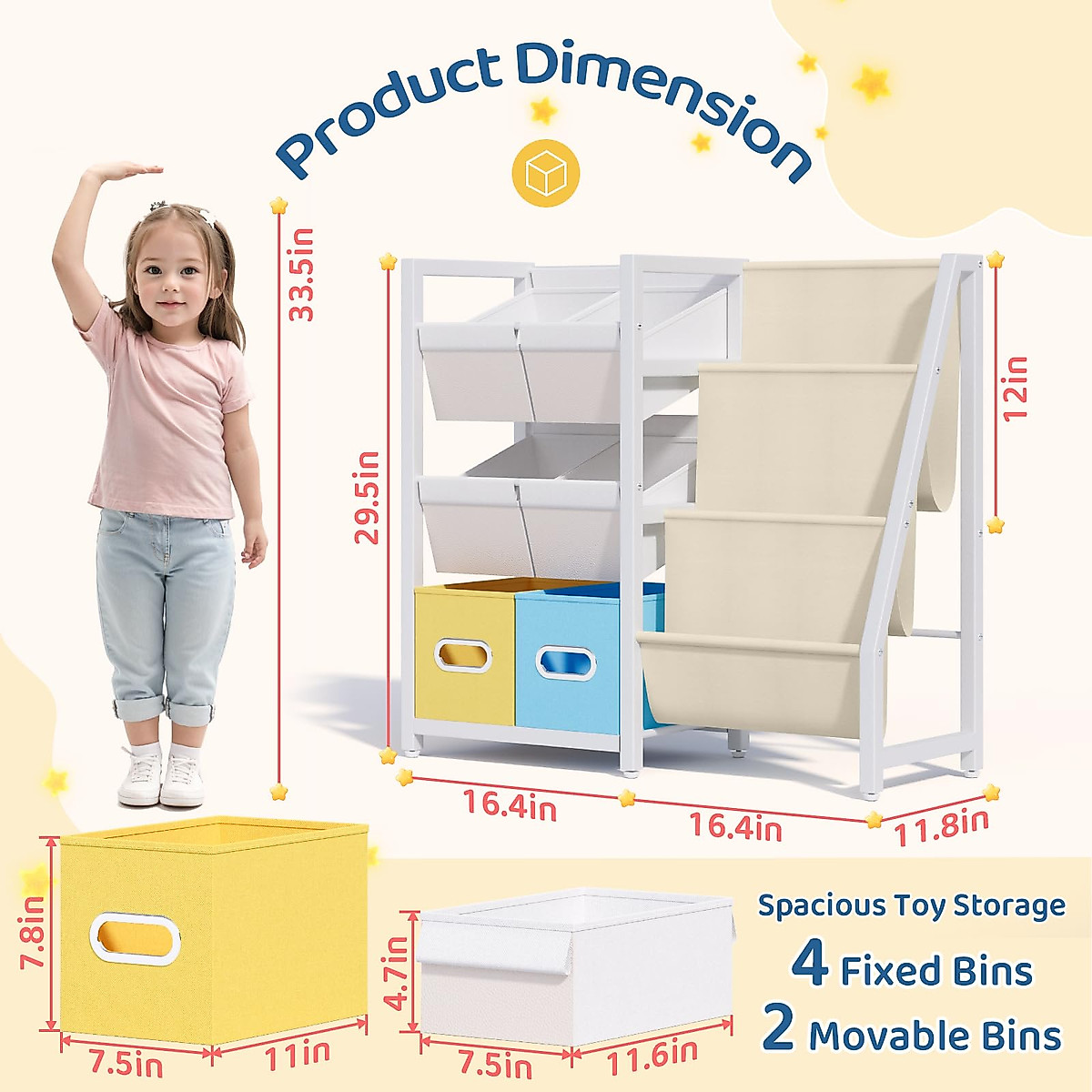 Kids Bookshelf Toy Storage Organizer - Book Shelf for Kids Rooms, 6 Toy Bins for Kids Organizer and 3 Sling Kids Bookcase, Toddler Baby Montessori Nursery Bookshelf Childrens Book Rack Display