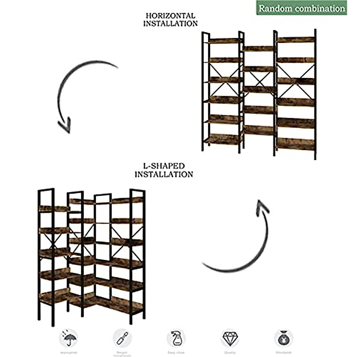 PAKASEPT 6-Shelf Corner Bookshelf, Triple Wide 6-Tier Bookcase, Large Modern Corner Shelf with Metal Frame, Open Bookshelves for Living Room Home Office, Rustic Brown