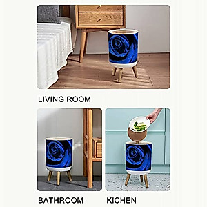 IBPNKFAZ89 Small Trash Can with Lid Beautiful Dark Blue Rose with Water Dew Drops Garbage Bin Wood Waste Bin Press Cover Round Wastebasket for Bathroom Bedroom Diaper Office Kitchen