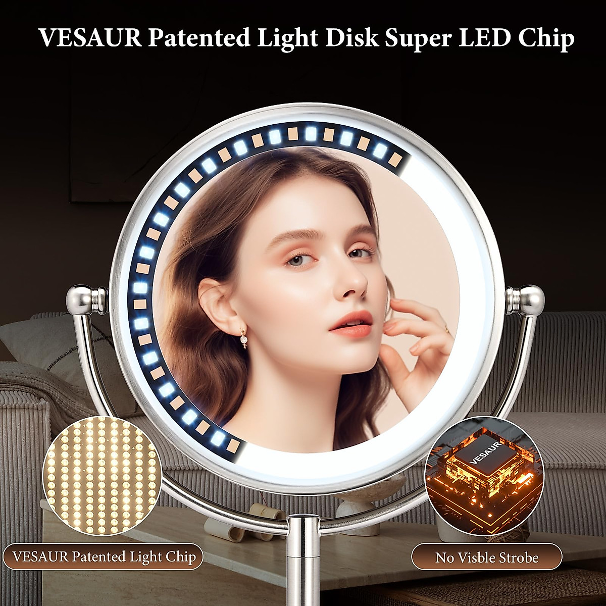 Professional 8.5" Large Lighted Makeup Mirror Updated with 3 Color Lights, 1X/10X Magnifying Swivel Vanity Mirror with 48 Premium LED Lights, Brightness Dimmable Cosmetic Mirror, Senior Pearl Nickel