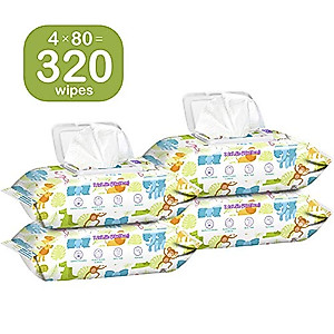 Baby Wipes - HAPPY BUM Sensitive Water Baby Diaper Wipes, Hypoallergenic, Unscented, 4 Flip-top packs (320 Wipes Total)