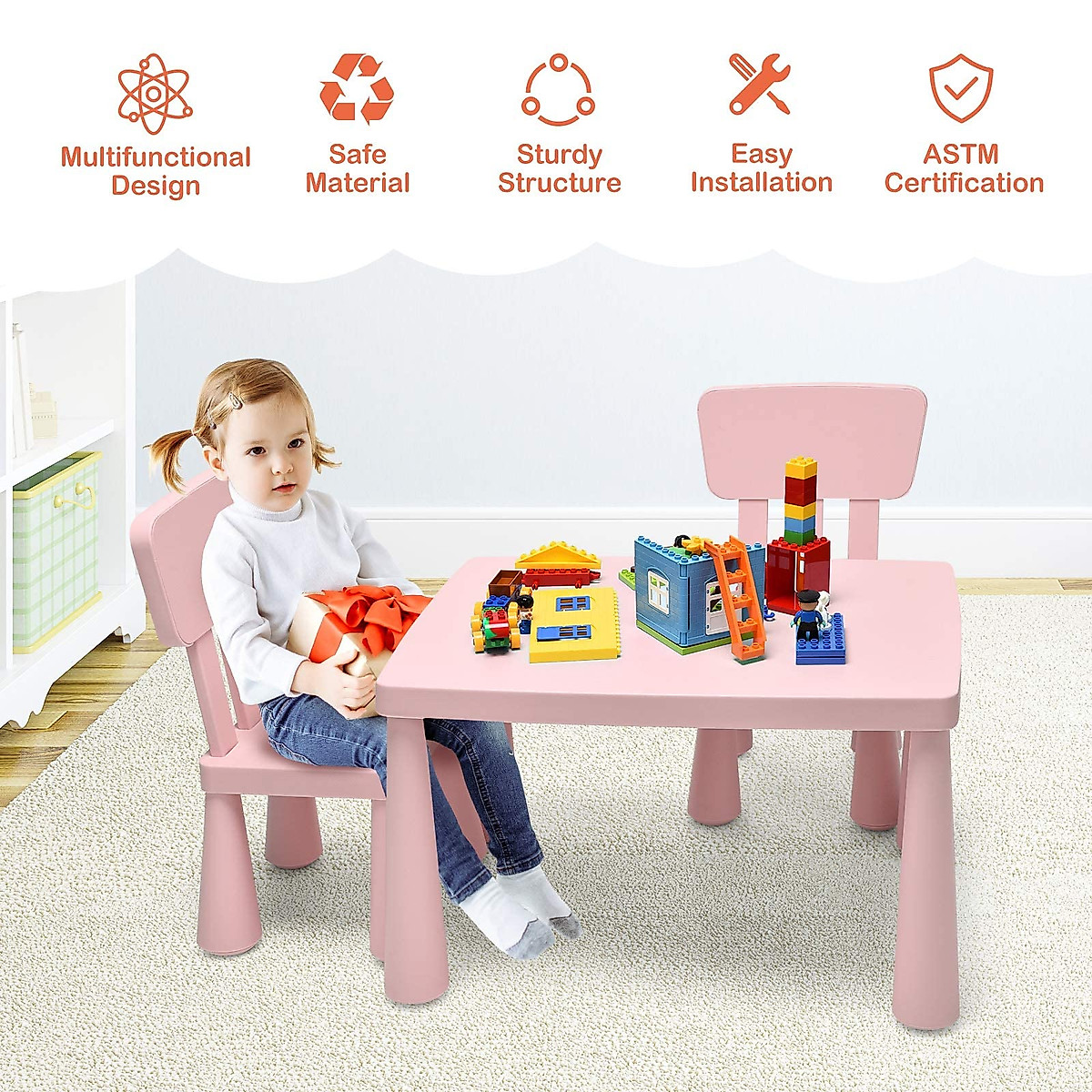 Costzon Kids Table and Chair Set For Toddler, 3 Piece Plastic Children Activity Table for Reading, Drawing, Snack Time, Arts Crafts, Preschool, Kindergarten & Playroom, Easy Clean (Pink)