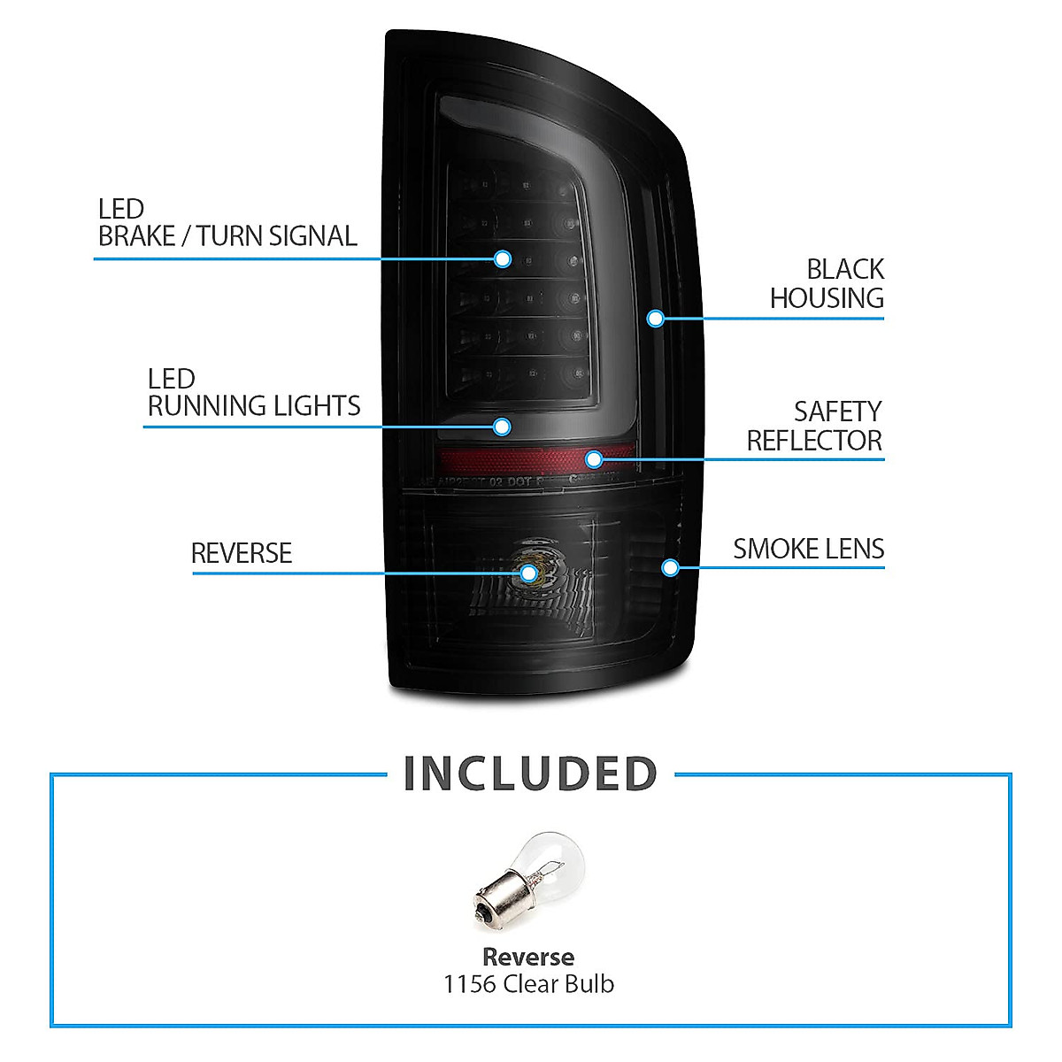 AmeriLite for 2002-2006 Dodge Ram 1500 2003-06 Ram 2500 3500 Pickup Dark Black C-Type LED Tube Replacement Tail Lights Brake Lamps Pair - Driver and Passenger Side