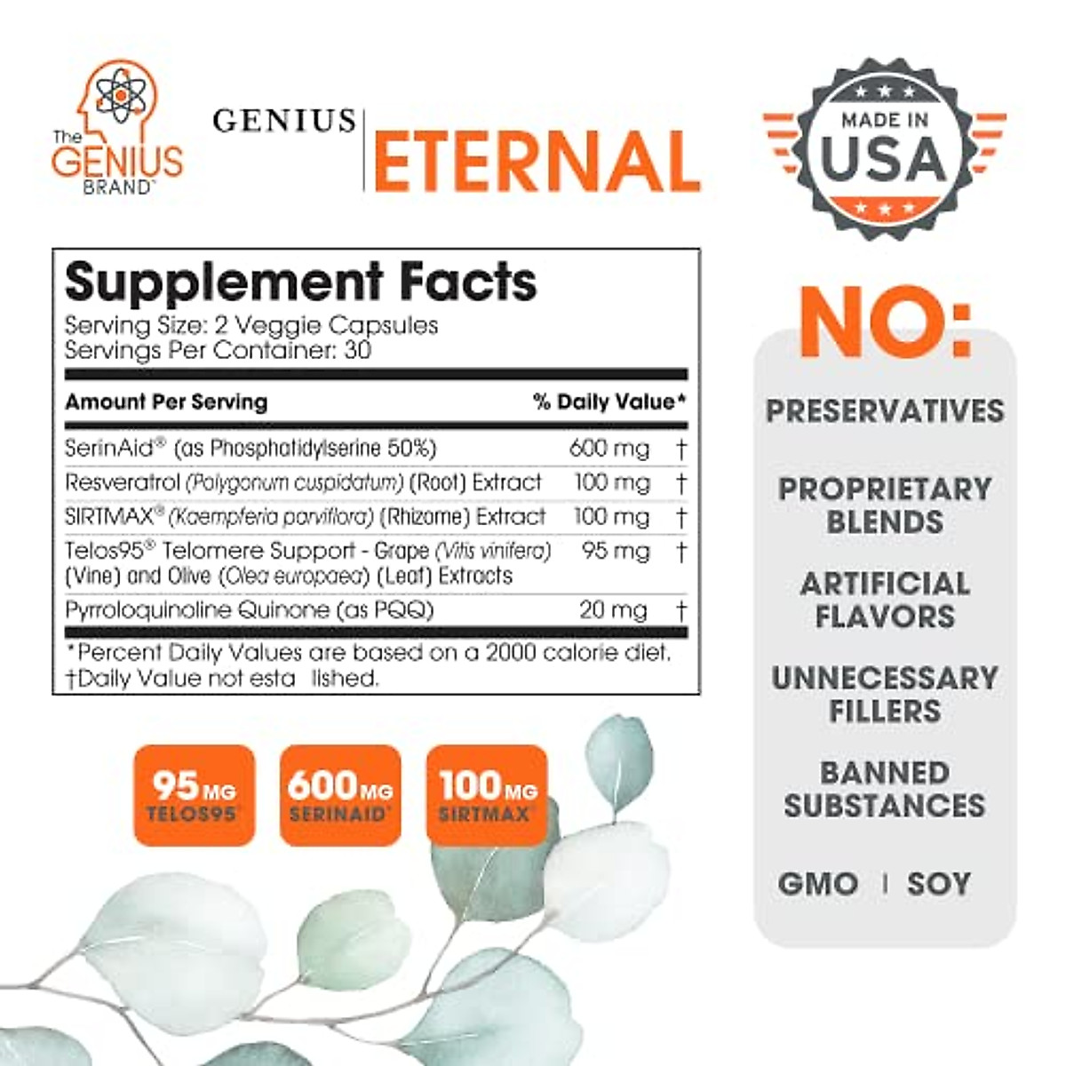 Genius Eternal, Anti-Aging Supplement - Telomere Capsules - NRF2 NADH Activator Supplements, Stem Cell Support for Longevity, Cellular Energy, Metabolism & Repair